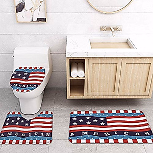 4PCS Bathroom Set Independence Day 4th of July Shower Curtain Sets with Non-Slip Rugs Toilet Lid Cover and Bath Mat Embroidery American Flag Stars and Stripes Simple Bath Curtains with 12 Hooks