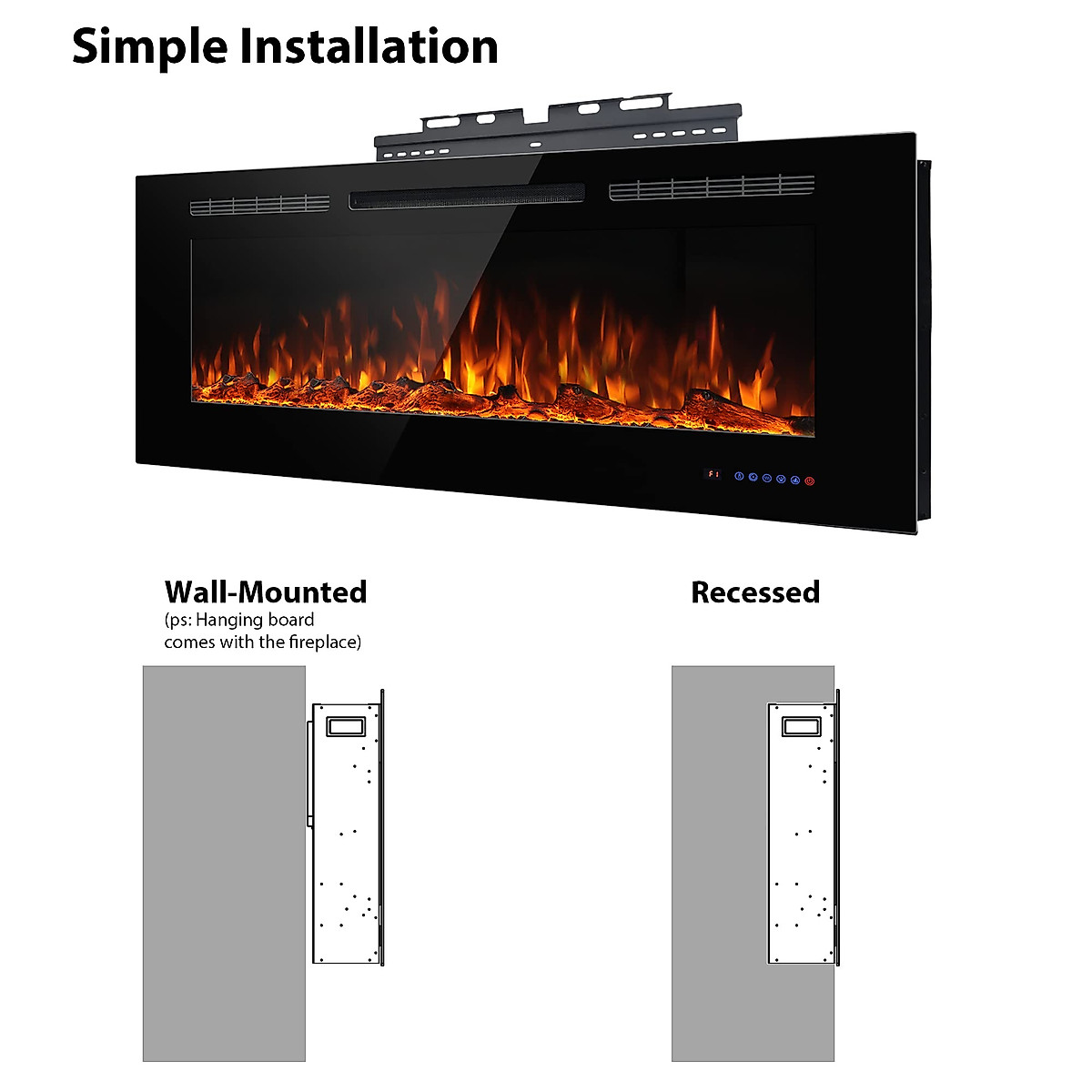 Dreamflame Electric Fireplace 50inches, Wall-Mounted & Recessed Fireplace Inserts, Multicolor Flame w/5 Dimmer, Remote Control Thermostat, Timer, Overheating Protection, Hardwire Connect, 1500W,Black
