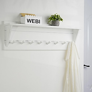WEBI Coat Rack Wall Mount with Shelf,8 Peg Hooks,34" Long Entryway Shelf with Hooks Underneath for Hanging Coats,Caps,Jacket,Clothes,White