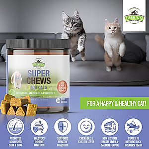 Strawfield Pets Super Chews for Cats - Lysine, Probiotics, Omega 3 Fish Oil (Salmon Oil), Catnip - Supports Immune, Gut, Skin & Joint Health - 120 Hickory Bacon Salmon & Liver Flavored Softchews