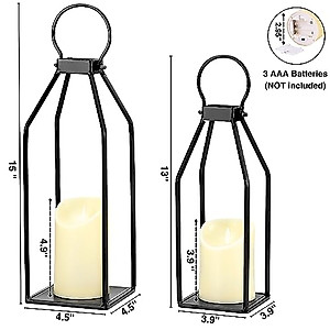 Perfnique Modern Farmhouse Lantern Decor, 15'' 13'' Set of 2 Black Metal Lanterns, 2 LED 6hr Timer Flickering Flameless Candles, Lanterns Decorative for Outdoor Decor, Home, Indoor, Patio