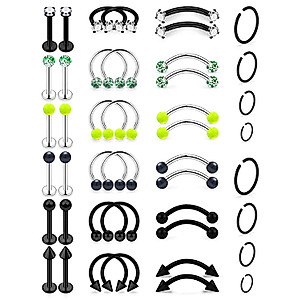 Prjndjw 16g Lip Rings Stainless Steel Horseshoe Rings Eyebrow Rings Labret Monroe Lip Rings Nail Tragus Helix Earrings Studs Ring Medusa Piercing Jewelry 8mm 44 Pcs Glow in the Dark