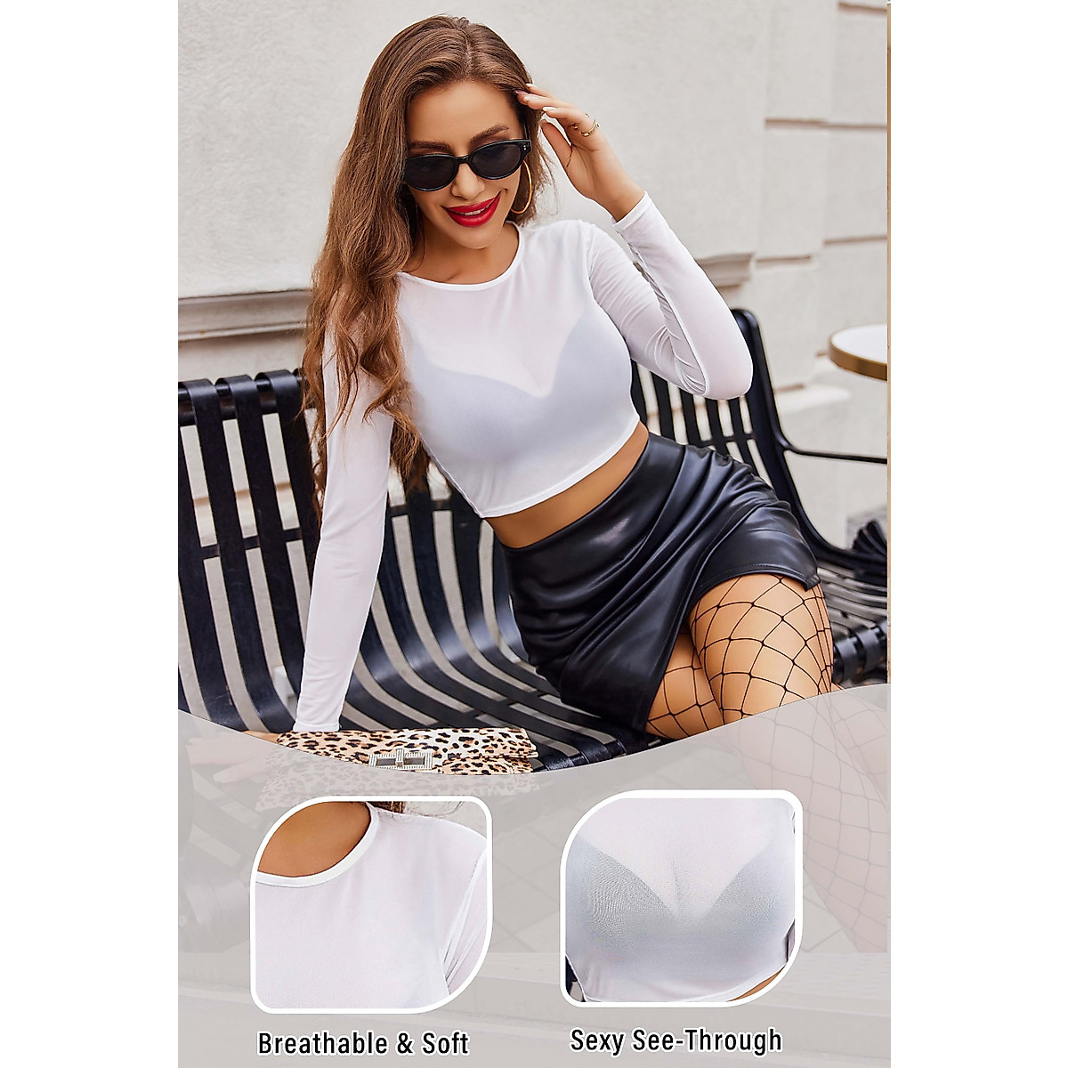 Avidlove Sheer Tops for Women Long Sleeve Sexy Mesh Cropped Tee Blouse See Thru Shirts Y2k Tops White, M