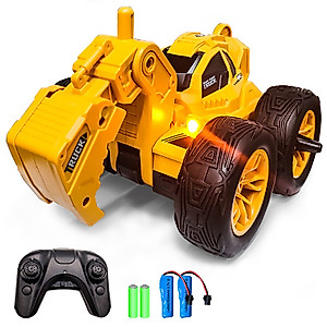 STEMTRON Stunt Car 2.4Ghz 4WD Remote Control Car Double Sided 360°Rotating RC Excavator with Lights Construction Vehicle Truck Outdoor Indoor Toys Gifts for Boys Girls