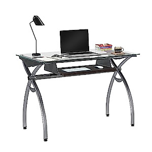 Techni Mobili Modern Work Desk-43.25” Wide Tray-Perfect Clear Contempo Glass Top Computer Desk with Pull Out Keyboard Panel, 43.25" W
