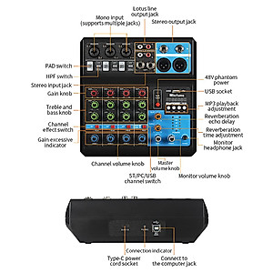 Mini audio DJ mixer Sound Board Console System,5 Channel 48V Phantom Power with Bluetooth USB MP3 Stereo live DJ Studio Streaming for professional recording party KTV stage