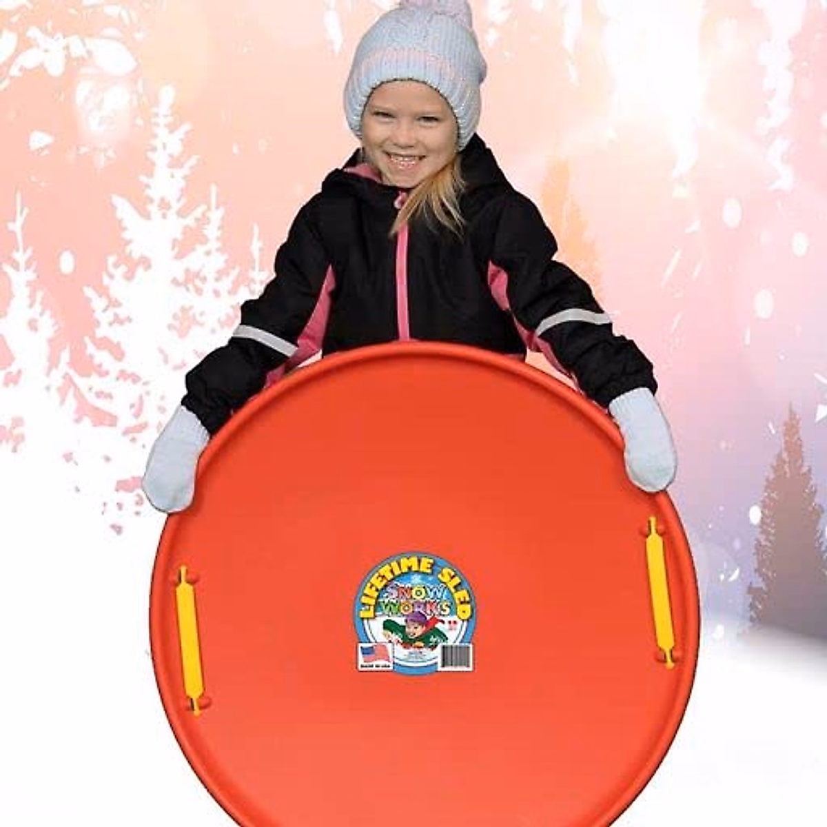 Lifetime Saucer Snow Sled, Heavy-Duty Plastic, Cold Weather Downhill Outdoor Winter Snow Sled Disc with Handles (Red).