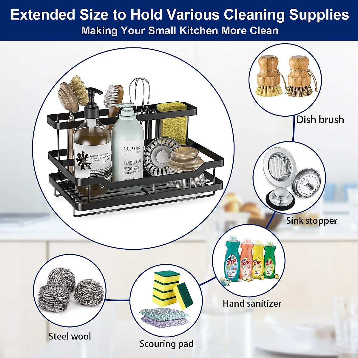 MFTEK Kitchen Sink Caddy Sponge Holder, Large Sponge Holder for Kitchen Sink Countertop Organizer, Soap Holder Tray Dish Dispenser Storage Rack with Drain Tray, Black -Not Include Sponge, Brush