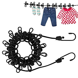 FYY Clothesline, Portable Elastic Travel Camping Clothes line with 12 Black Clips, Retractable Laundry Drying line for Home, Backyard, Hotel, Outdoor and Indoor Use (Black)
