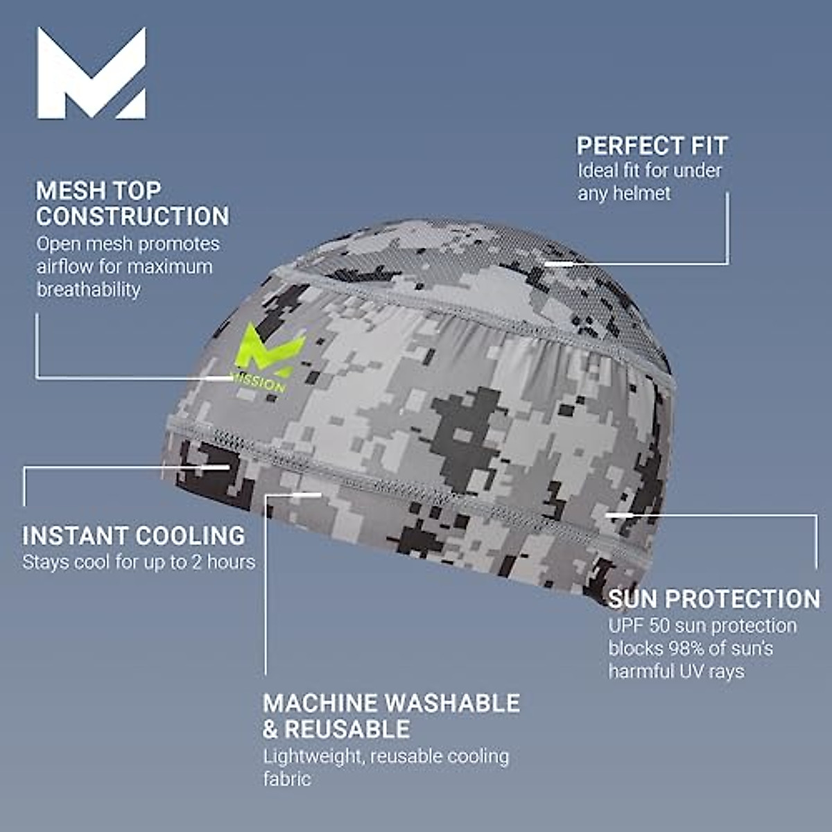 MISSION Cooling Helmet Liner Skull Cap - Cools When Wet Liner for Helmets and Hats - UPF 50 Sun Protection (Digital Camo Gray)
