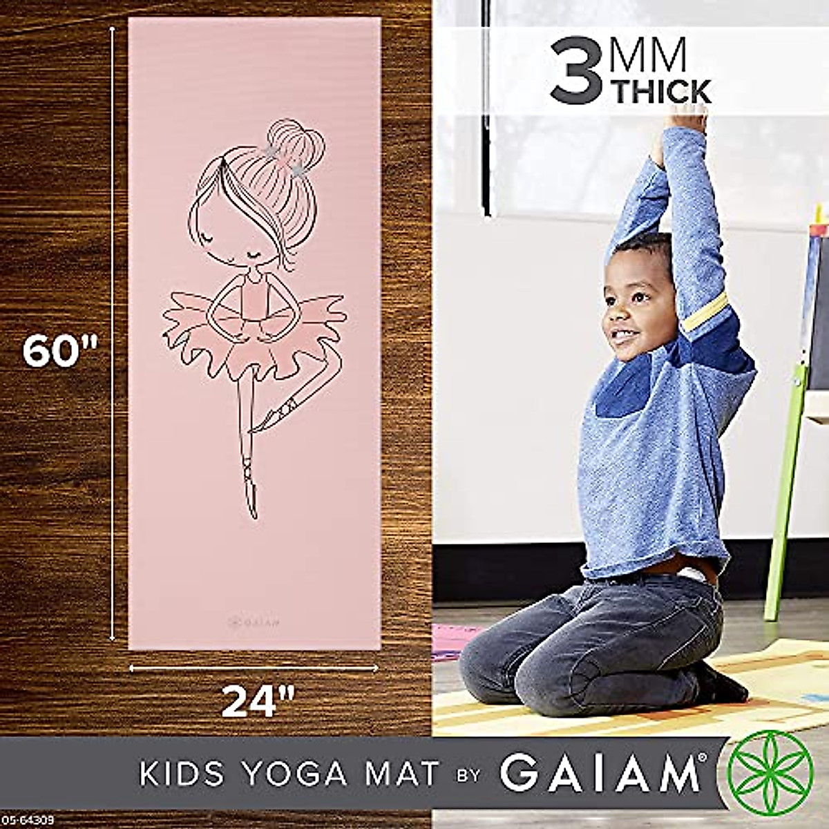 Gaiam Kids Yoga Mat Exercise Mat, Yoga for Kids with Fun Prints - Ideal for Babies, Active & Calm Toddlers and Young Children (60" L x 24" W x 3mm Thick) - Ballerina