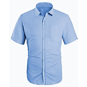 Mens Button Down Shirts Casual Short Sleeve Linen Tops Cotton Lightweight Fishing Tees Spread Collar Plain Shirt