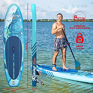 SereneLife Inflatable Stand Up Paddle Board (6 Inches Thick) with Premium SUP Accessories & Carry Bag + Serene Life Digital Electric Air Pump Compressor - 110W 12 Volt Quick Air Inflator