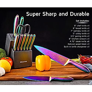 WELLSTAR Rainbow Knife Set 14 Pieces, Iridescent German Stainless Steel Kitchen Knives Set with Wooden Block, Colorful Titanium Coating, Chef’s Knife Block Set with Scissors and Built-in Sharpener
