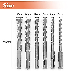 Mesee 6 Pcs SDS Plus Hammer Drill Bit Set Carbide Tipped SDS-Plus Rotary Hammer Drill Bits with Storage Box Rotary Electric Hammers Drilling Hole Tool, 6mm 8mm 10mm 12mm 14mm 16mm