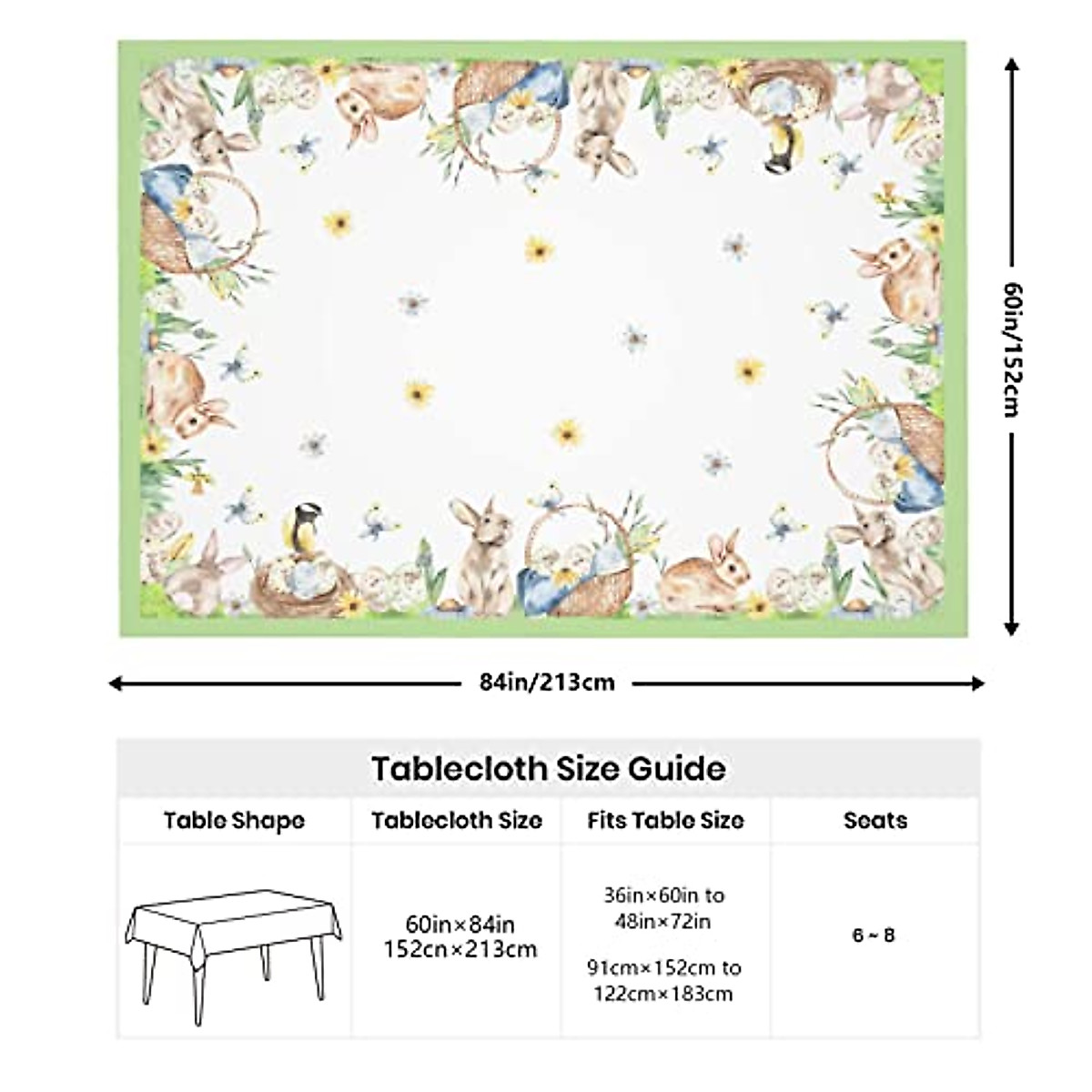 HGXJCLY Easter Tablecloth Rectangle 60x84 Spring Easter Table Decor, Spring Flower Table Cloth Cute Bunny Floral Printed Table Cover for Home Dinner Party