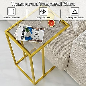 Easy Paws C Shaped Glass End Table, Small Gold Sofa Side Table, Narrow Snack Side Table with Metal Frame &Tempered Glass, TV Tray Table for Small Space, Easy Assembly,Gold