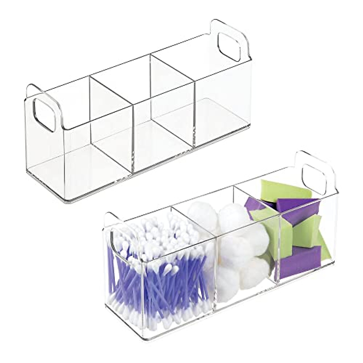 mDesign Plastic 3-Compartment Bathroom Organizer Storage Bin - Divided Makeup Caddy and Hair/Beauty Product Holder Tray - Perfect for Vanity, Counter, and Cabinet - Lumiere Collection, 2 Pack, Clear