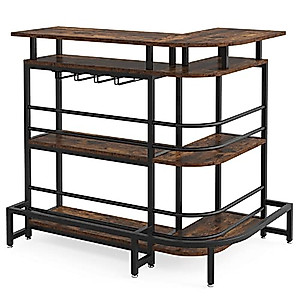 Tribesigns Home Bar Unit, L-Shaped Liquor Bar Table with 4 Glasses Holders and 4 Tier Shelves, Wine Bar Cabinet Mini Bar for Home Kitchen Pub, Freestanding Coffee Bar Table with Footrest, Rustic Brown