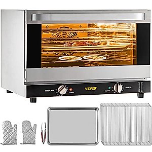 VEVOR Commercial Convection Oven, 47L/43Qt, Half-Size Conventional Oven Countertop, 1600W 4-Tier Toaster w/Front Glass Door, Electric Baking Oven w/Trays Wire Racks Clip Gloves, 120V