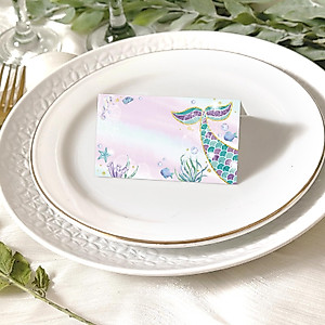 Whaline 100Pcs Mermaid Place Cards 2 x 3.5 Inch Purple Tent Name Cards Blank Seat Assignment Label Cards for Party Table Setting Supplies