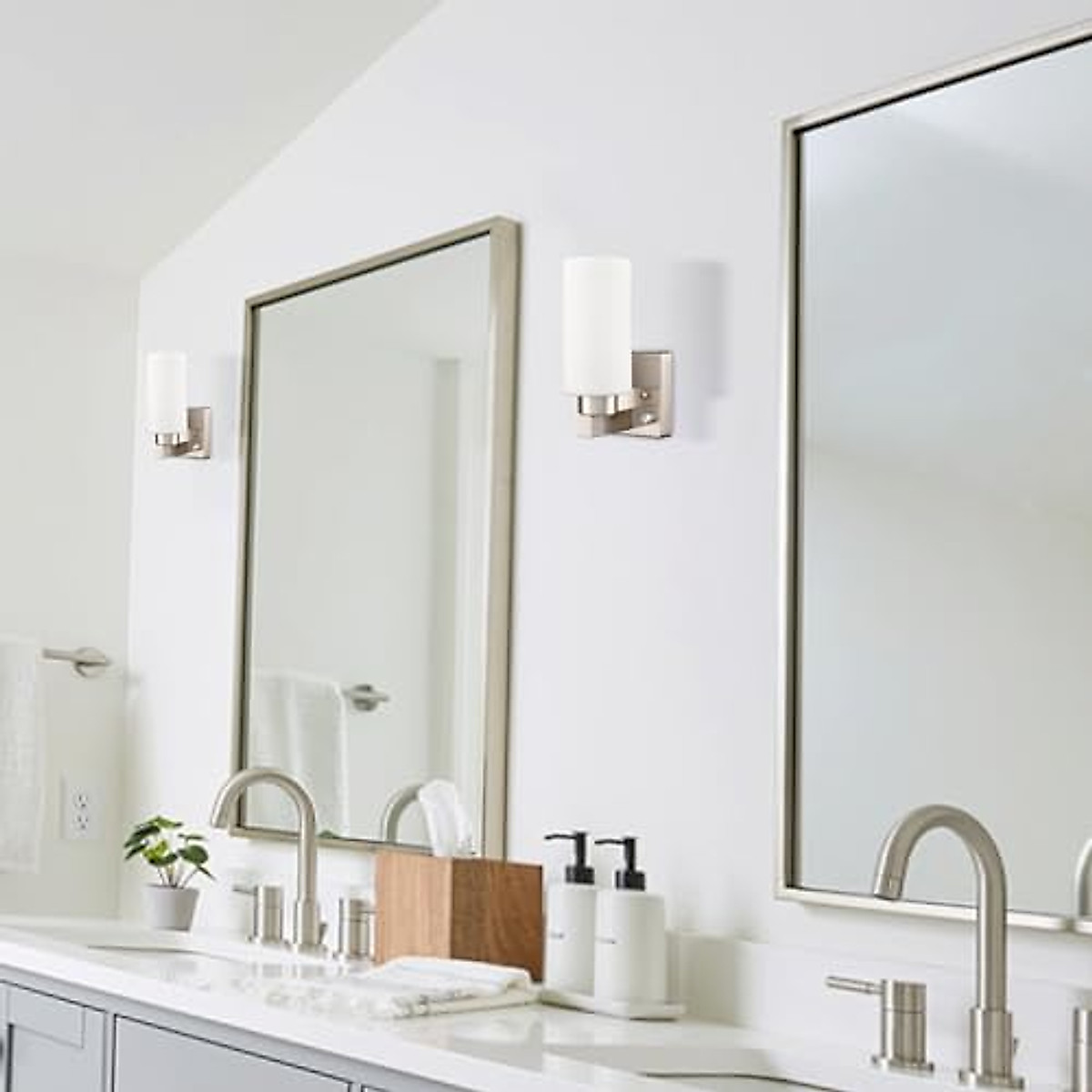 DEYNITE Modern Plug in Wall Sconce with Cord Brushed Nickel Bathroom Vanity Light with Milky White Cylinder Glass Shade Set of 2