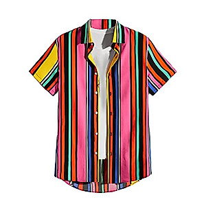 OYOANGLE Men's Striped Short Sleeve Button Down Shirts Collar Hawaiian Shirt Top Without Tee Colorblock Striped XXL