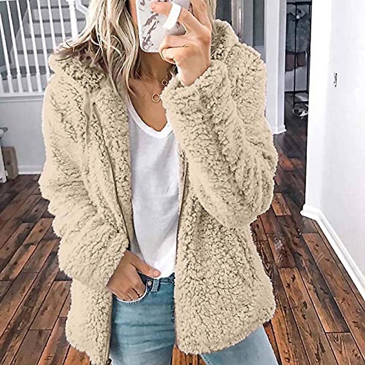JDHUFEI Skin Care Coats Womens Cardigan Casual Fuzzy Fleece Jackets Casual Long Sleeve Pullover Tops Loose Full Zip Winter Coats Outerwear