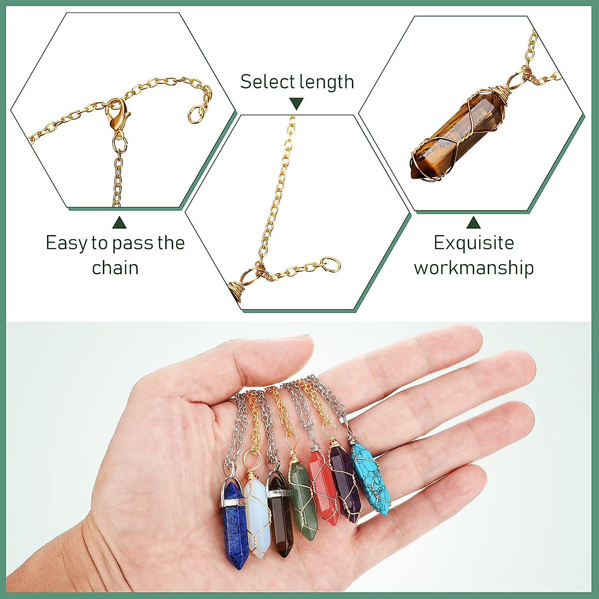 16 Pcs Healing Crystal Stone Necklaces Hexagonal Gemstone Pendant Necklace Full Wire Wrap Crystal Necklace Spiritual Crystal Jewelry Amethyst Necklace with Silver Gold Chains for Women