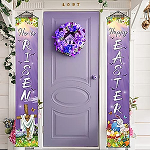 Happy Easter He Is Risen Porch Sign Banner Happy Easter Door Banners Easter Party Hanging Banner Decorations for Home Outdoor Indoor Wall Front Door Decor, 2 Pcs