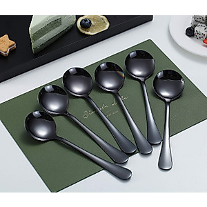Black Soup Spoons, Kyraton 6 Pieces Stainless Steel Round Spoons With Black Titanium Plating, Black Dinner Spoon Table Spoon, Spoons Silverware Dishwasher Safe Set of 6