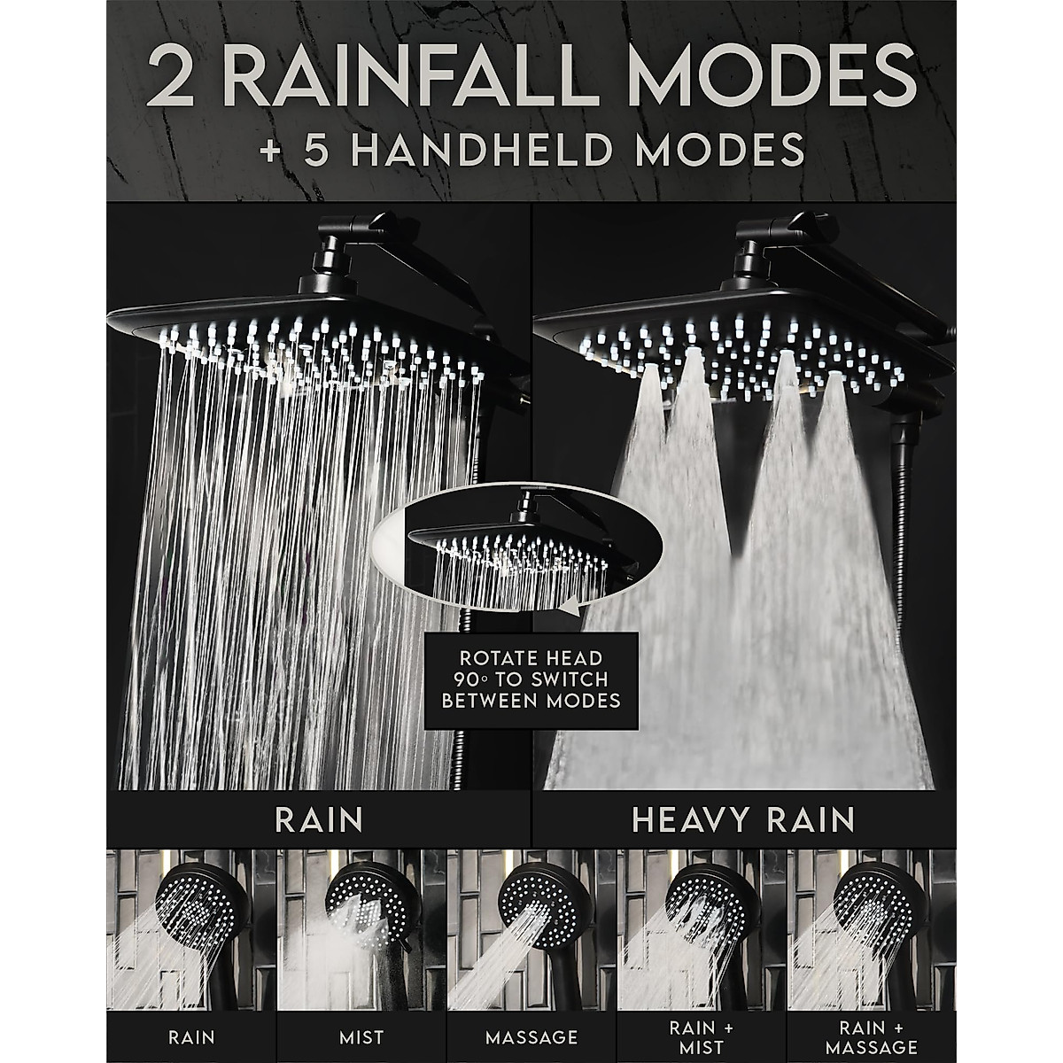 Veken High Pressure Rain Shower Head Combo with Extension Arm- Easy to Install Wide Rainfall Showerhead with 3 Water Spray Modes – Adjustable Dual Showerhead with Anti-Clog Nozzles