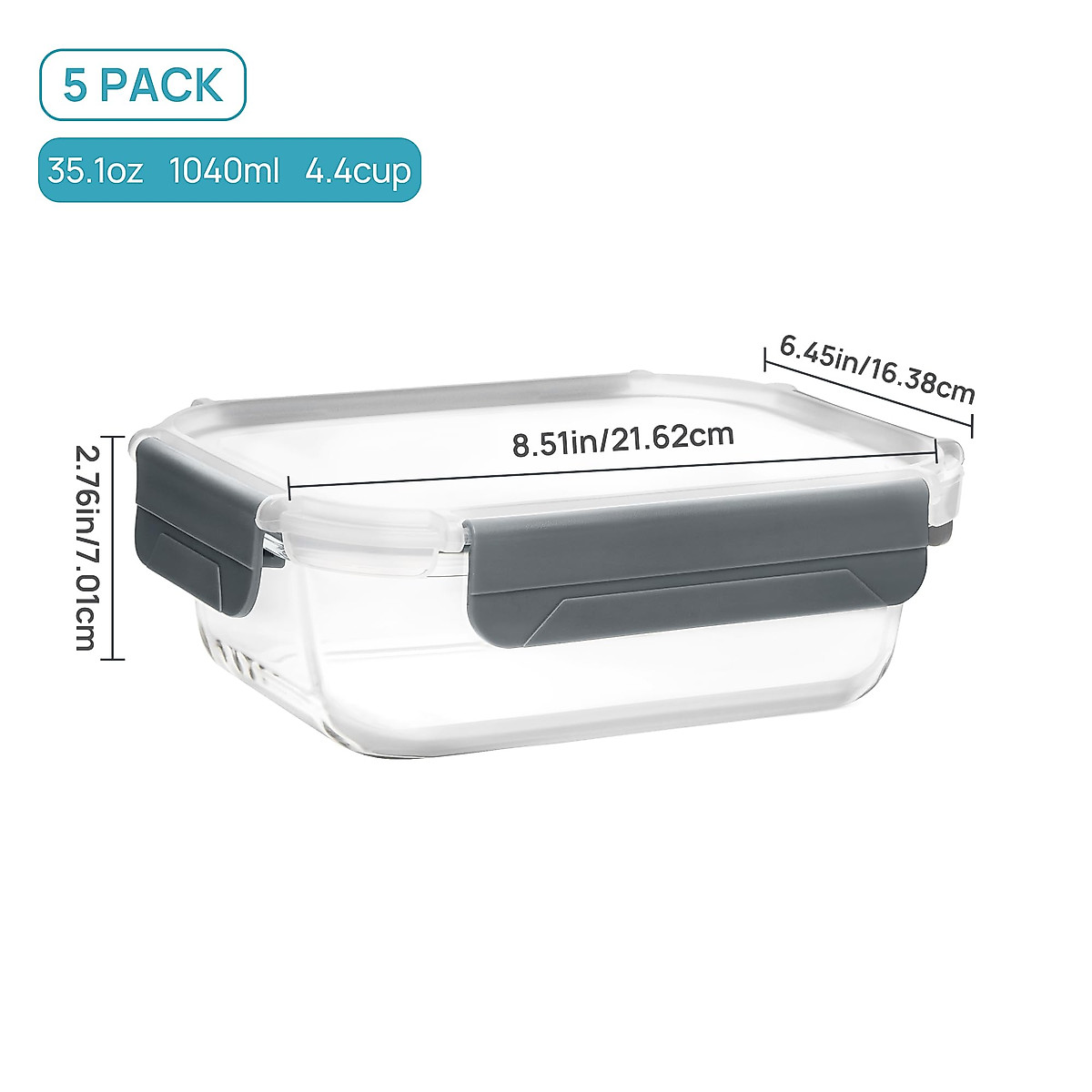 Vtopmart 5 Pack 35oz Glass Food Storage Containers with Lids, Meal Prep Containers, Airtight Lunch Containers Bento Boxes with Snap Locking Lids for Microwave, Oven, Freezer and Dishwasher