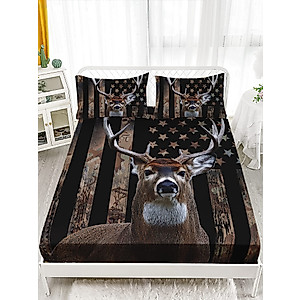 HOSIMA Deer Hunting Camo Bedding,Hunter Bedding Set American Flag Fitted Sheet Set Queen Size for Adult Teen Boy Bedroom Decor,1 Fitted Sheet+2 Pillowcases.