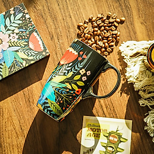 DUSVALLY Ceramic Mug Large Coffee Cup Tall Mugs Porcelain Latte Tea Cup with Lid and Color Box 17oz.Black and Colorful Flowers