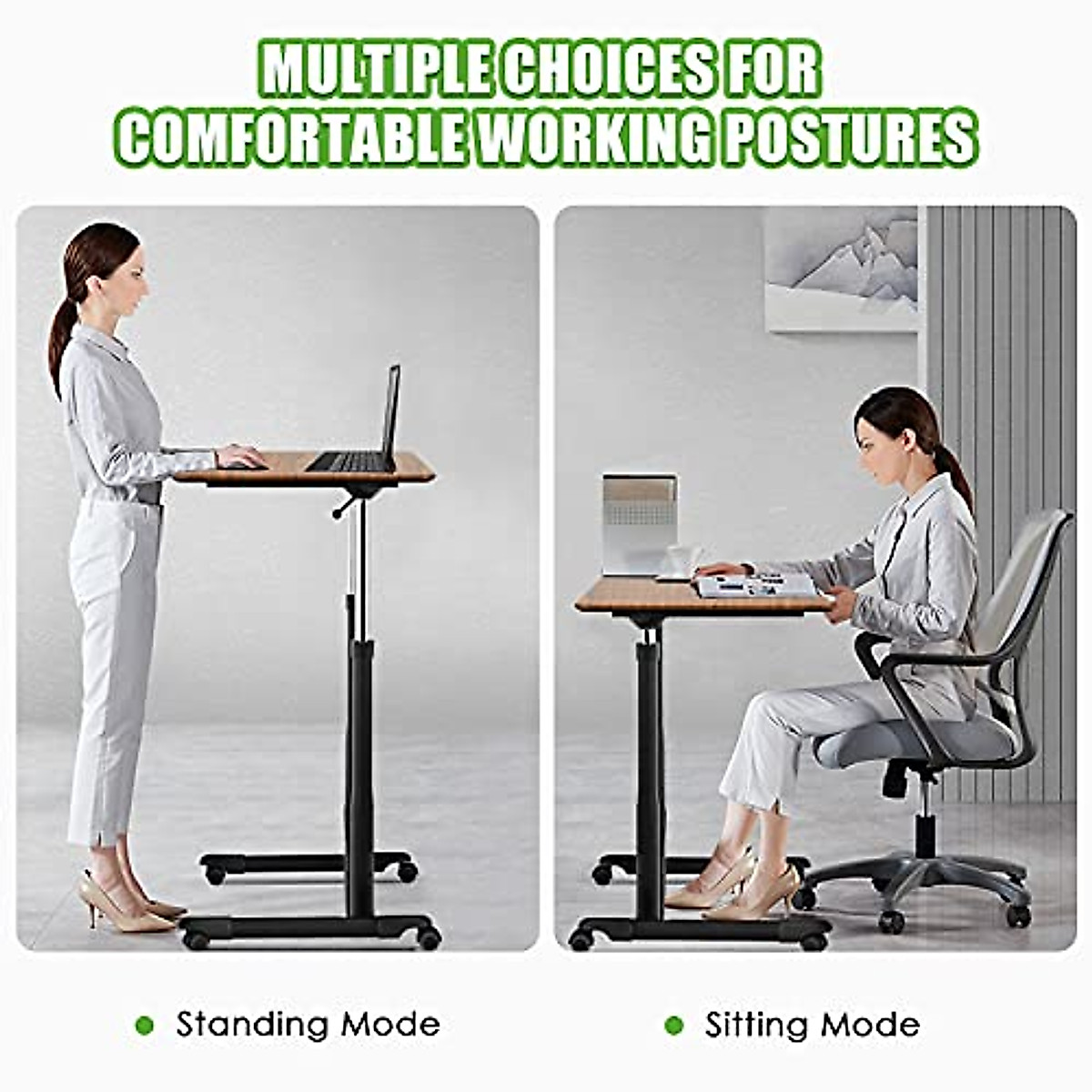 Tangkula Mobile Standing Desk Computer Desk, Height Adjustable Stand Up Desk with 4 Wheels, Rolling Compact Standing Desk with Steel Frame, MDF PVC Tabletop, Ideal for Home Office (Brown)