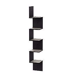 Furinno Rossi Wall Mount Floating Corner Shelf, 5-Tier Square, French Oak Grey/Black & Rossi Wall Mounted Shelves, 5-Tier Rectangle, French Oak Grey/Black