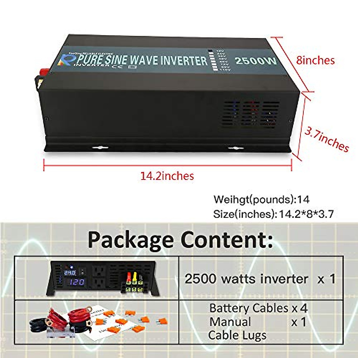 WZRELB for AC appliances 2500W 12V DC to AC Power Inverter Pure Sine Wave Solar Power Converter (RBP250012B1)