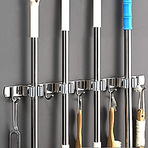 Saxhorn Broom Mop Holder Wall Mount Stainless Steel Tool Hanger Storage Organizer for Home, Kitchen, Garage, Garden, Laundry Room, Bathroom Organization and Storage(4 Racks 5 Hooks)