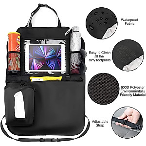 AICEL Car Backseat Organizer, 2 Pack Seat Back Protector Kick Mats with Touch Screen Tablet Holder for Kids Toddlers, Auto Backseat Storage Pockets with Cup Holder and Hook, Car Travel Accessories