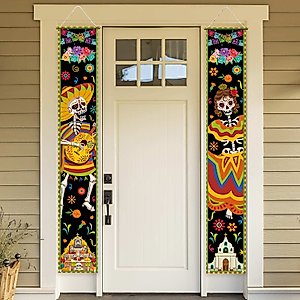 Allenjoy Mexican Day of the Dead Porch Signs Hanging Wall Door Banner Skeleton Guitar Decorations Polyester Wrinkle Free Outdoor 11.8x70.9 Inch Home Decor Events Front Yard Party Supplies 2PCS