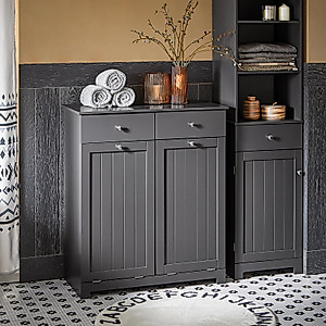 Haotian Bathroom Laundry Hamper Cabinet Double Baskets Double Drawers Laundry Cabinet, Tilt-Out Laundry Hamper, Bathroom Storage Cabinet Unit with Drawer, Grey BZR33-DG