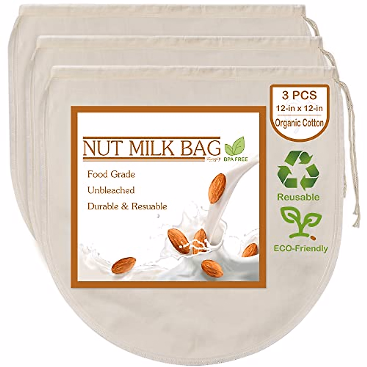3 PCS 12"x12" Nut Milk Bags - 100% Unbleached Cotton Cheesecloth, Reusable Food Strainer Colander For Straining Almond/Oat Milk, Celery Juice, Cold Brew Coffee, Yogurt and Cheese Making