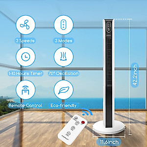 Aigostar Tower Fan, 42inch Oscillating Cooling Fan with Remote, Quiet Bladeless Floor Fan, 3 Speeds, 3 Modes, 10H Timer, LED Display with Touch Control, White Standing Fan for Bedroom Home Office