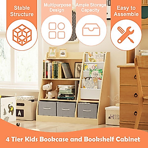 Kid Sling Bookshelf with 3 Storage Bin Drawers Baby Nursery Book Shelf Wood Book Display Shelf Toddler Toy Box Organizer Child Bookcase Montessori Book Rack Cabinet Boy Girl Kid Room Playroom Bedroom