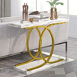 PAKASEPT Console Table with Gold Base, 40 inch White Faux Marble Narrow Entryway Table Foyer Table for Living Room, Entryway, Hallway, Entrance