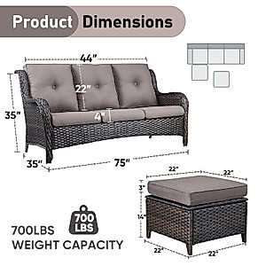 Outdoor Patio Furniture - 3 Seater Outdoor Rattan Wicker Sofa Patio Couch with Ottoman for Porch Deck Garden Backyard - Brown/Grey