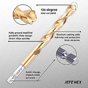 JEFE HEX 3/8" Inch Hex Shank with Titanium Coating Twist Drill Bits, 135 Degree Easy Cut Split Point Drill Bits (Pack of 6)