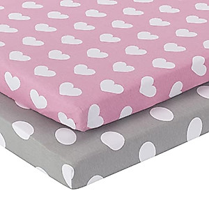 2 Pack n Play Mattress Sheets – 100% Jersey Knit Cotton Soft Portable Crib Mattress Sheets for Girls with Pink Heart and Gray Polka Dot Design; 2 Pc Playpen Mattress or Mini Crib Sheet Fitted Set