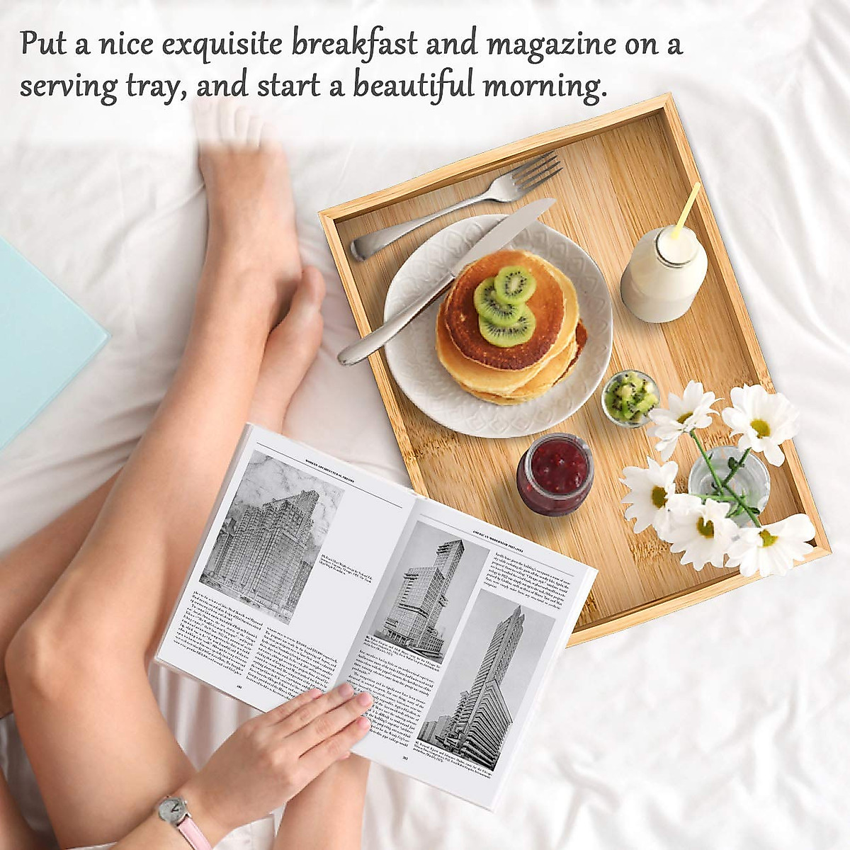 Farmhouse Serving Tray with Handles, Large Rectangular Snack Food Tray, Bamboo Serving Platter for Breakfast, Tea Coffee Table, Nesting Ottoman Bed Tray, Decorative Party Supplies, Set of 3 (Natural)